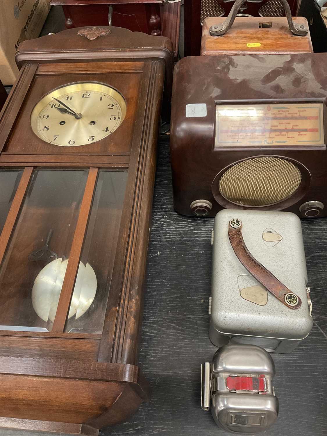 Lot 143 - Vintage hanging wall clock, radios and