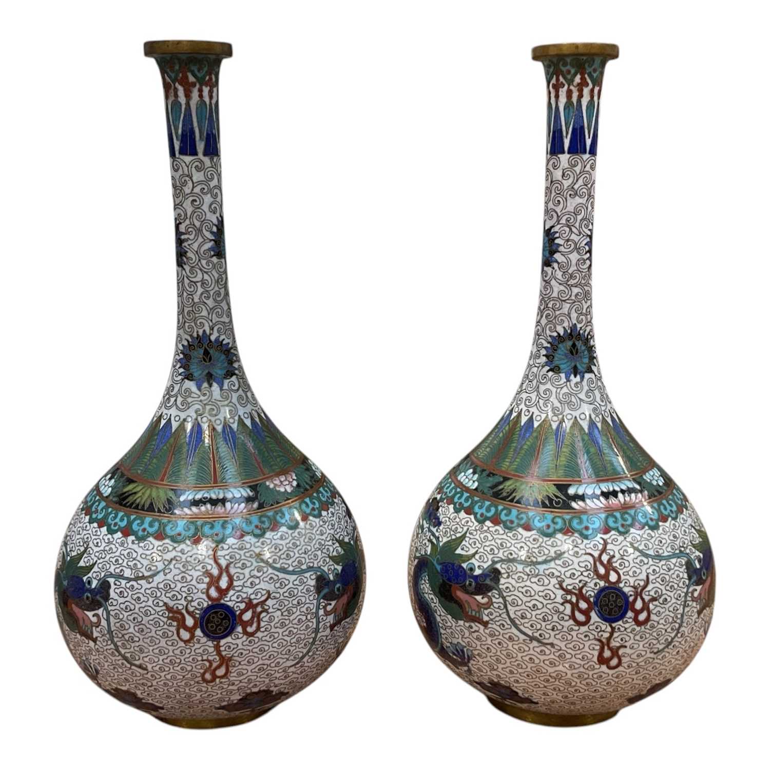 Lot 5125 - Pair of Chinese cloisonné bottle vases,