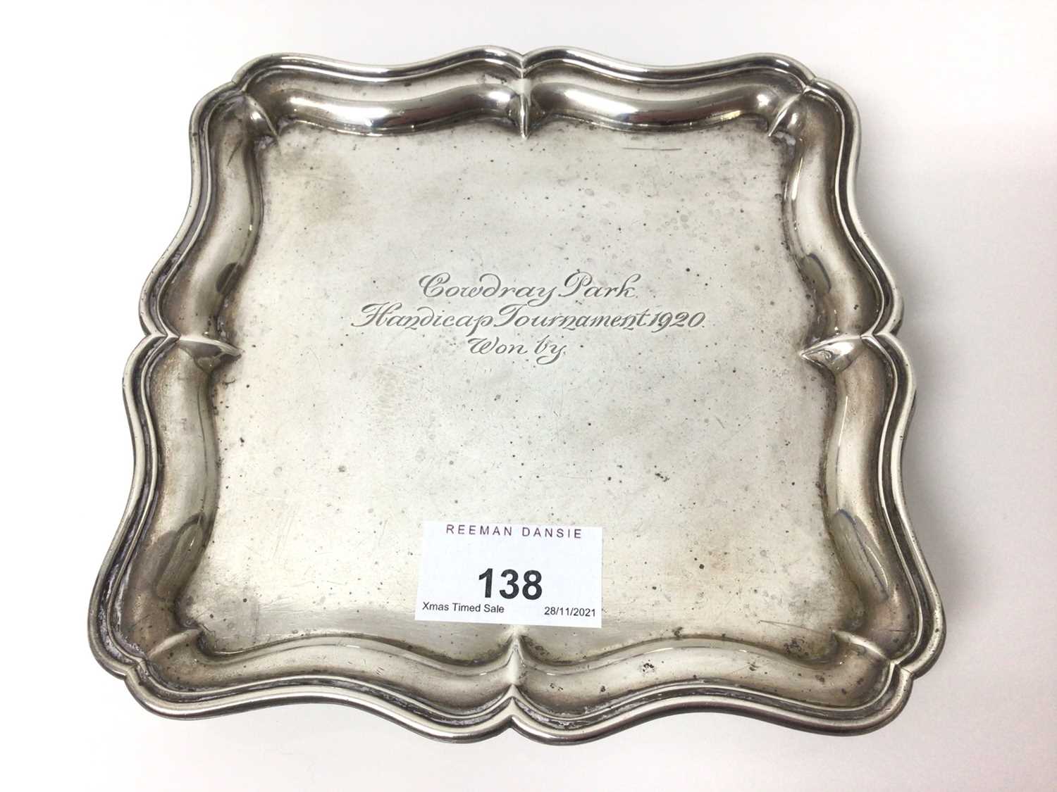 Lot 138 - 1920s silver salver of shaped sqaure form,